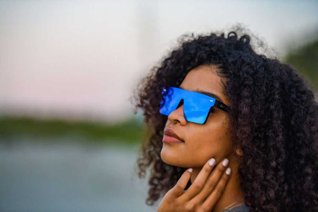 Black Polarized Stunner Shades Blue Lens – Far Out Sunglasses